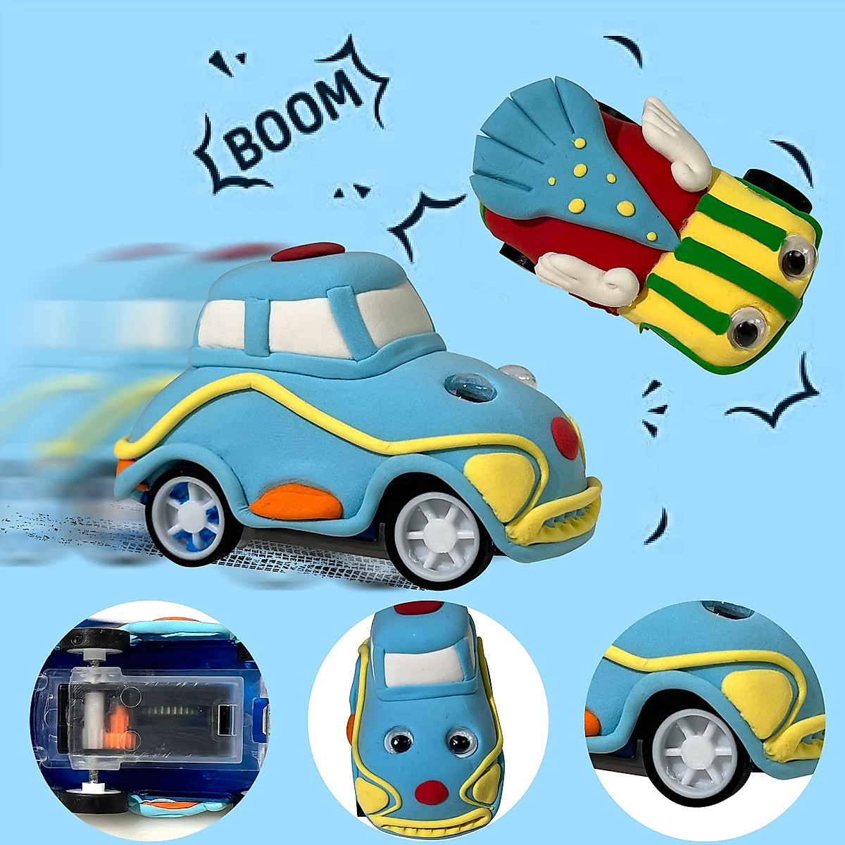24 Colors Air Dry Clay for Kids with 6 Pull Back Toy Car, Ultra-Light and Soft Modeling Clay Kit, Art and Crafts DIY Model Magic Clay, Toy Car Clay Easy to Use Christmas Gifts for Boys and Girls