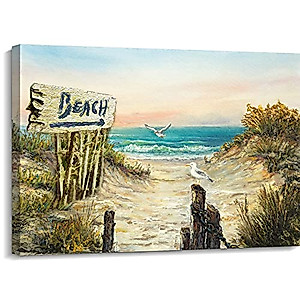 Beach Canvas Wall Art Coastal Ocean and Seabird Wall Artwork Beach Theme Seascape Modern Home Bathroom Decor Framed Ready to Hang (Beach, 12" x 15")