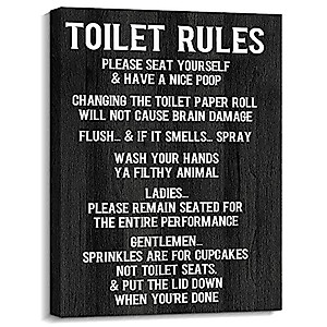 Kas Home Vintage Toilet Rules Canvas Wall Art - Black and White Saying Bathroom Decor Toilet Picture Printing Wall Decoration Ready to Hang (12 x 15 inch, Black-Toilet)