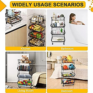Loyaltaling Utility Cart, Kitchen Storage Cart Fruit Vegetable Storage Basket for Kitchen 4 Tier Stackable Metal Wire Baskets Cart with Rolling Wheels Utility Fruits Rack Produce Snack Organizer Bins