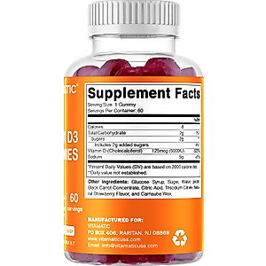 Vitamatic Vitamin D3 Gummies - 5000 IU Per Gummy - 60 Gummies - Great Taste - Healthy Bones, Teeth, Mood, Joint & Immune System Function