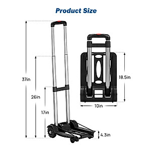 JOYTUTUS Folding Hand Truck, Lightweight Dolly Cart, Aluminum Tube Frame Adjustable Handle Luggage Cart with 2 Large Rear Wheels, 2 Lashing Straps for Moving