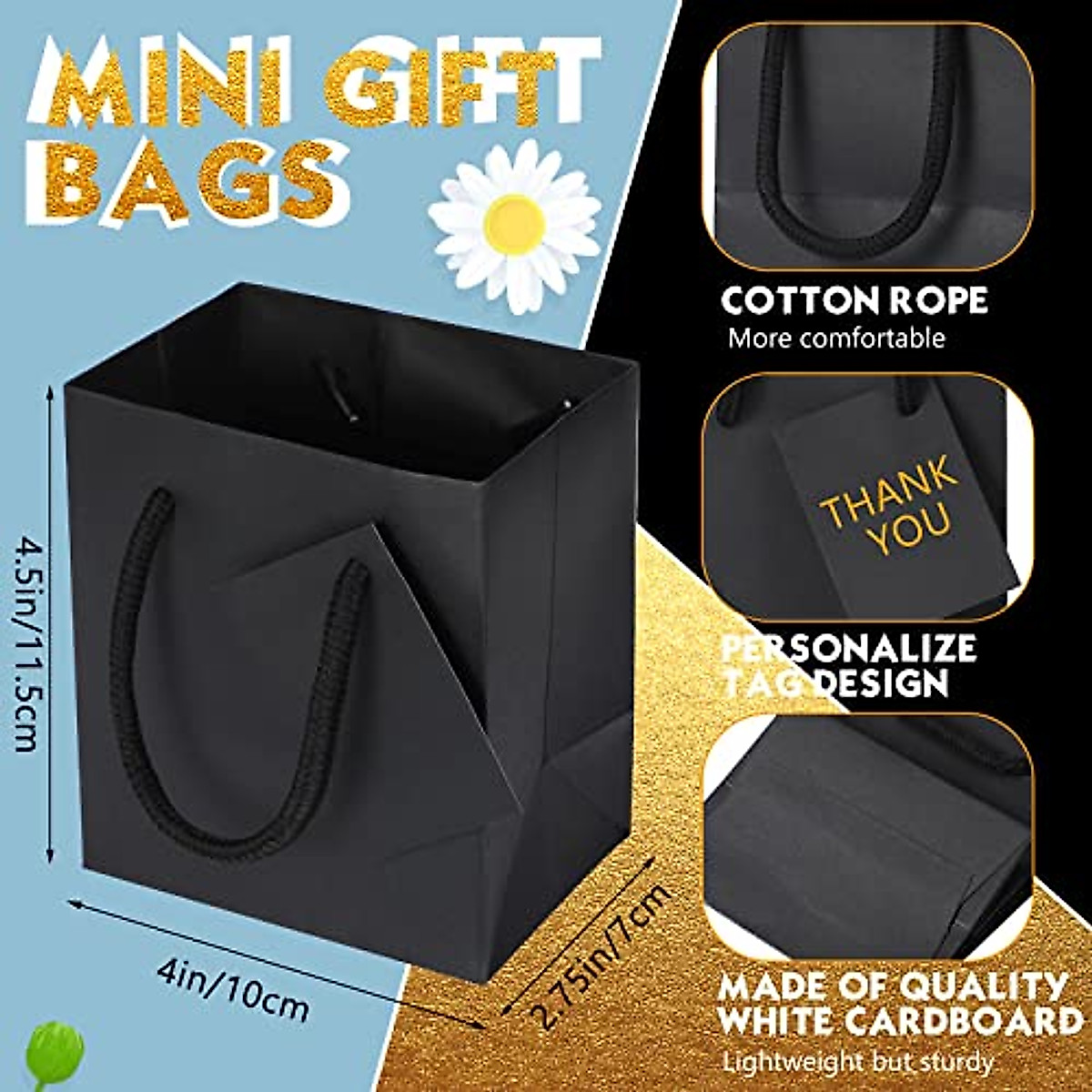 Zhehao 50 Pack Mini Gift Bags, 4 x 2.75 x 4.5 Inches Paper Bags with Gift Tags, Extra Small Paper Gift Bags with Handles for Birthday Gifts, Party Favors, Weddings, Baby Showers (Black)