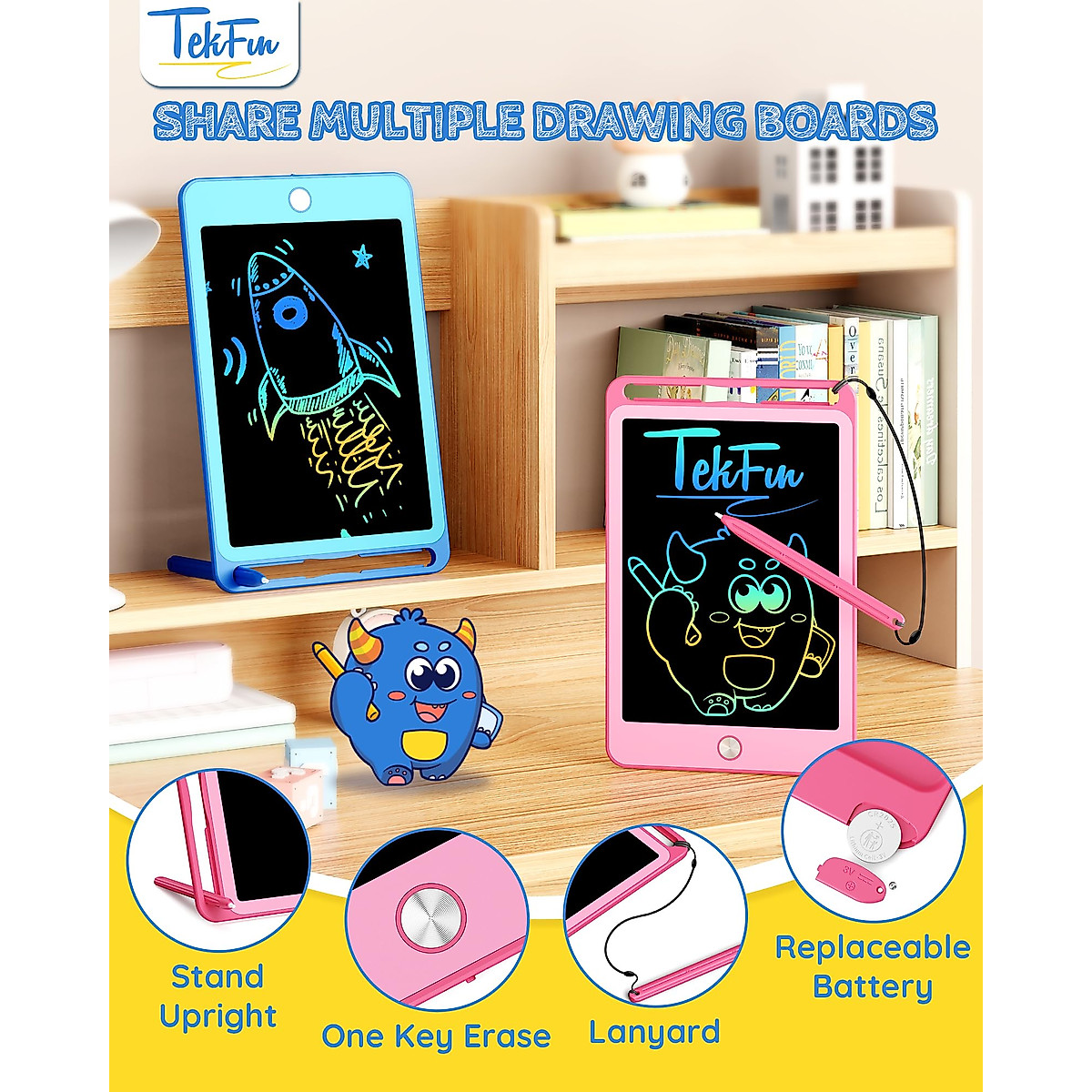 TEKFUN 2 Pack LCD Writing Tablet for Kids, 8.5 Inch Blue+Pink Doodle Board Drawing Board Drawing Tablet with Lanyard, Educational Kids Easter Toddler Toys Birthday Gift for Boys Girls 3-12 Years Old