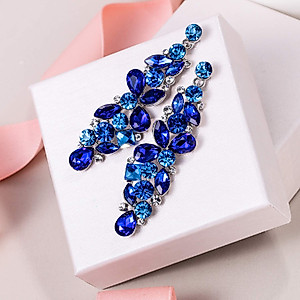 EVER FAITH Rhinestone Crystal Bridal Tear Drop Marquise Flower Cluster Dangle Earrings Blue Silver-Tone