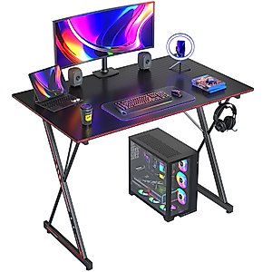 CubiCubi Gaming Desk 40 Inch PC Computer Desk, Carbon Fiber Home Office Desk Table Gamer Workstation, Simple Game Table with Headphone Hook, Black