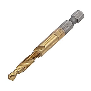 uxcell Combination Drill and Tap Bit, 1/4" Hex Shank M6 x 1 Metric Titanium Coated High Speed Steel 4341 Spiral Flute Drilling Tapping Tool Extra Long