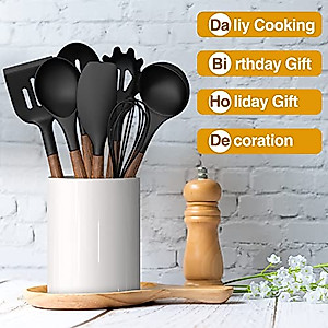 Silicone Cooking Utensil Set, Umite Chef 8-Piece Kitchen Utensils Set with Natural Acacia Wooden Handles,Food-Grade Silicone Heads-Silicone Kitchen Gadgets Set for Nonstick Cookware- Black