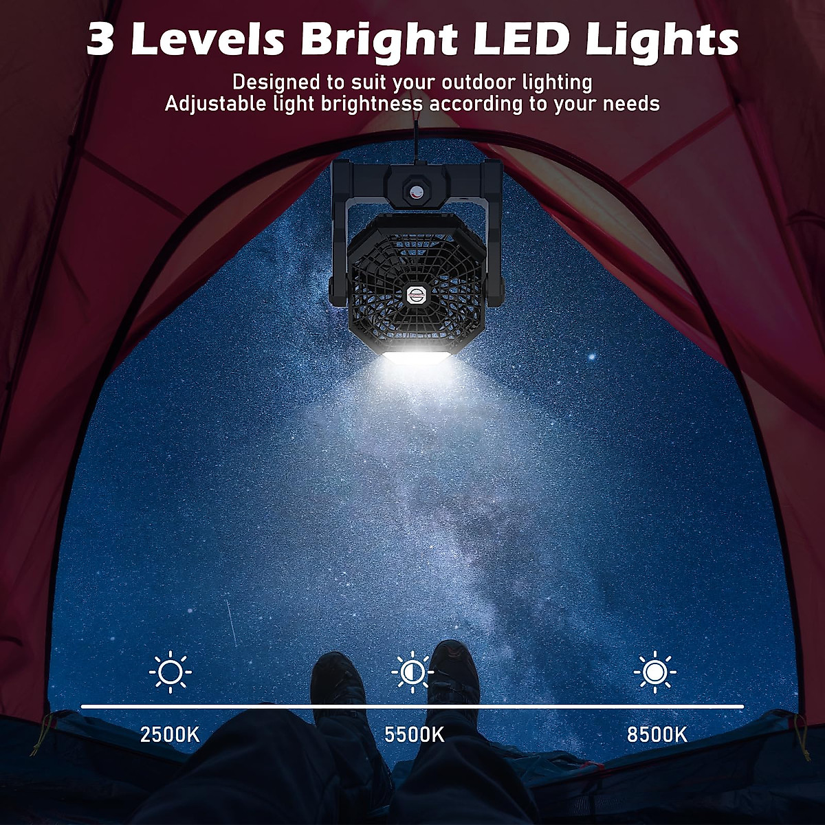 Camping Fan Rechargeable, 10400mAh Portable Battery Operated Camping Fan for Tents, Hangable USB Silent Camping Fans with LED Lantern, Suitable for Fishing, Camping, Bedroom, Workplace (Orange)