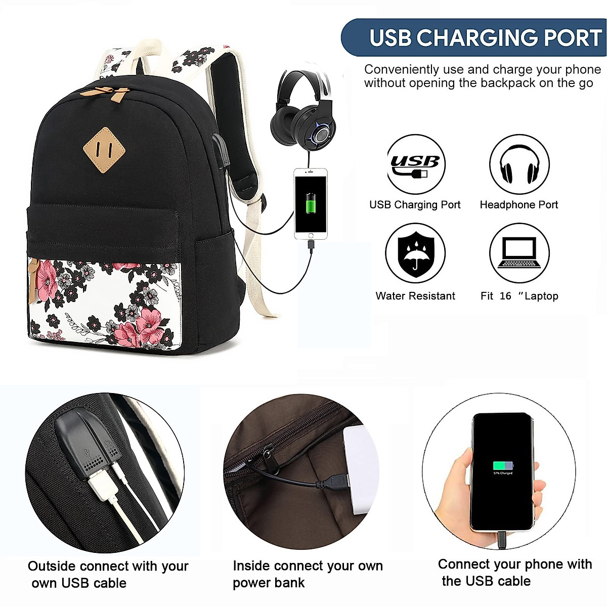 Natayoo Floral School Backpacks for Teen Girls Women with Lunch Bag and Pencil Bag, College Bookbag Water Resistant Laptop Backpack with USB Charging Port