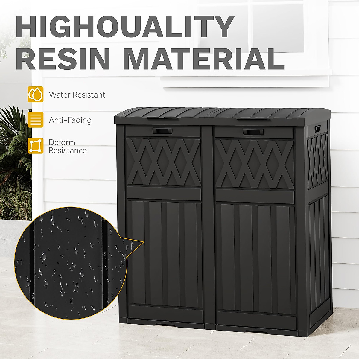 DWVO 76 Gallon Garbage Dual Can, Resin Outdoor Trash Can with Tiered Lid and Drip Tray, Waterproof Trash Bin for Patio, Kitchen, Backyard (Black)