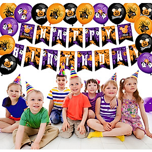 Halloween Birthday Party Supplies,Halloween Decorations Set Include Banner, Balloons, Cake Toppers and Cupcake Toppers for Boys and Girls Birthday Party