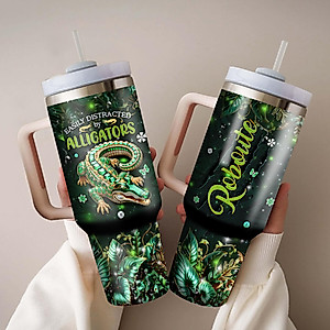 WAZONE Personalized Alligator Tumbler 40oz with Handle and Straw Easily Distracted By Alligators Custom Name Travel Mug Jewelry Style Stainless Steel Cup Gifts for Men Women Animal Lovers