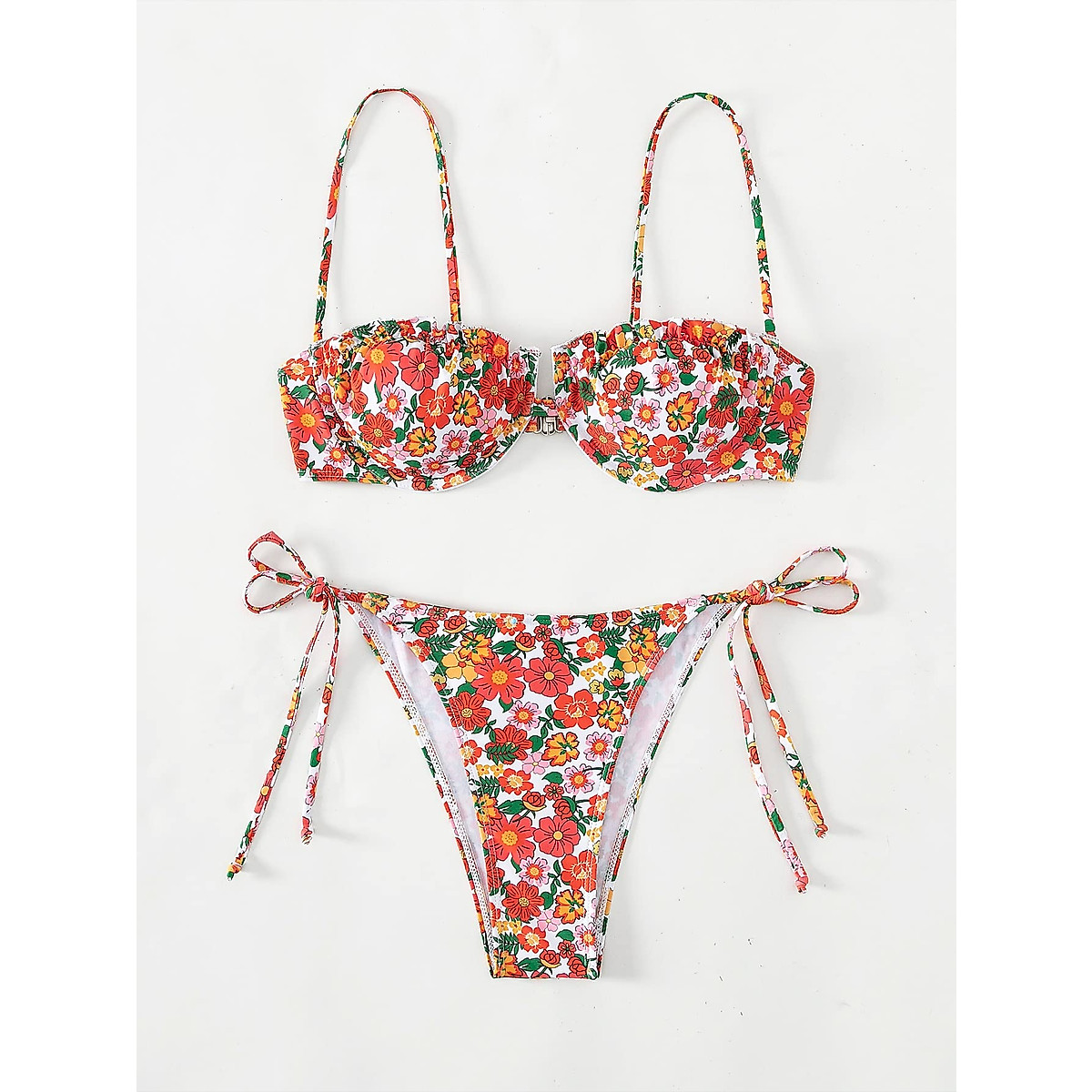 WDIRARA Women's Floral Print Underwired Tie Side 2 Piece Bikini Set Cute Swimsuit Red & Green Multi L
