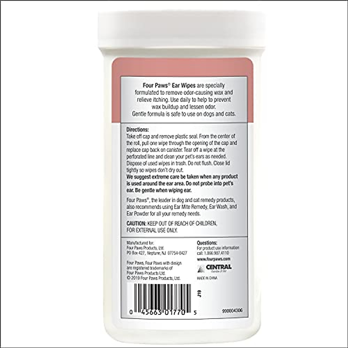 Four Paws Dog and Cat Ear Wipes, 25 count