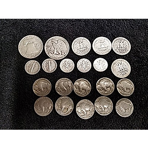 1913 to 1964 U.S. Silver Type Coin Set -Walking Liberty Half, Franklin Half, 4-Washington Quarters, 3=Mercury Dimes, 2-Roosevelt Dimes & 10-Buffalo Nickels - a total of 21 Coins - (1/2) US Mint - All VG to XF