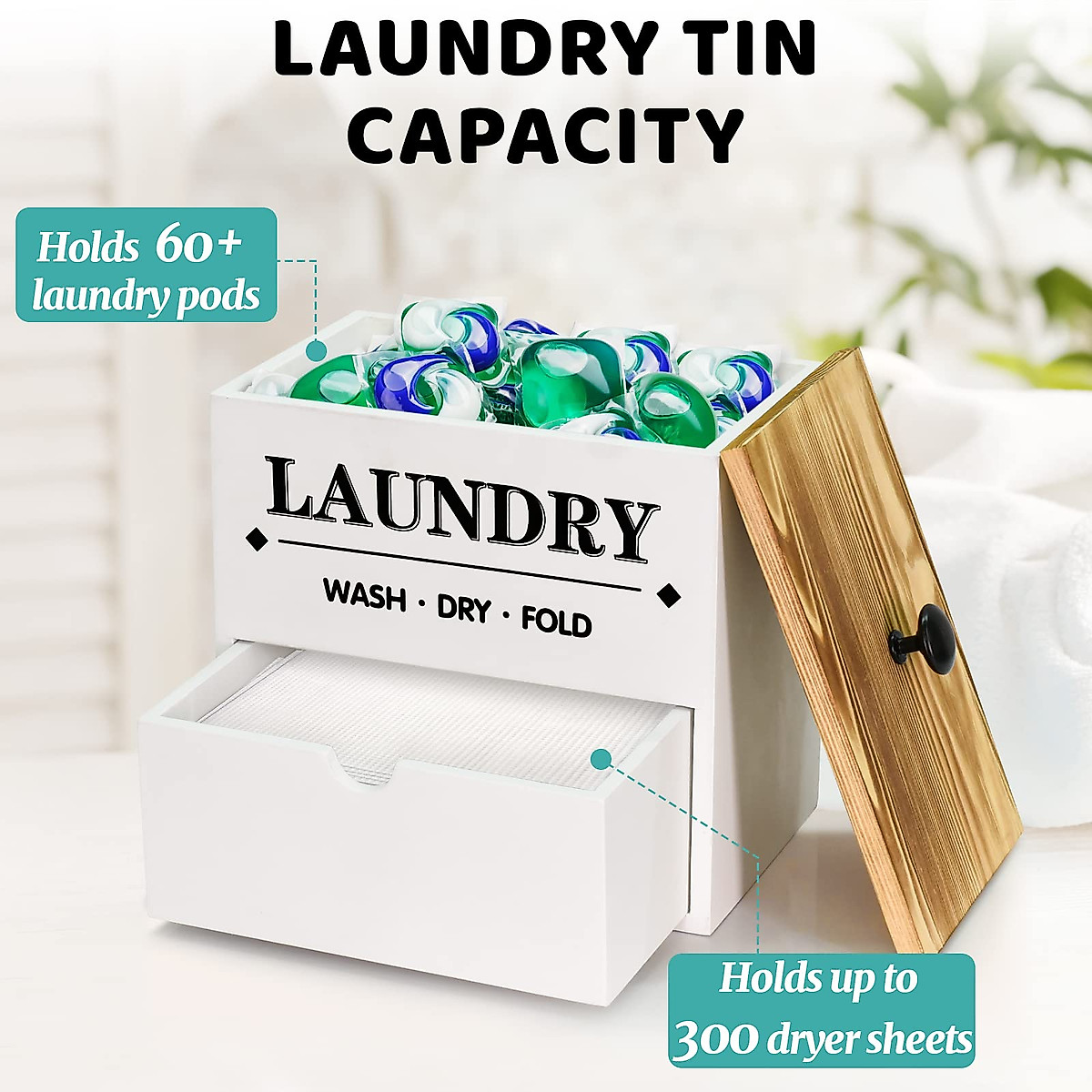 Dryer Sheet Holder with Drawer and Lid, Wood Dryer Sheet Dispenser and Laundry Pods Container for Laundry Room Organization and Storage, Laundry Pod Holder Wall Mount for Laundry Room Decor (White)