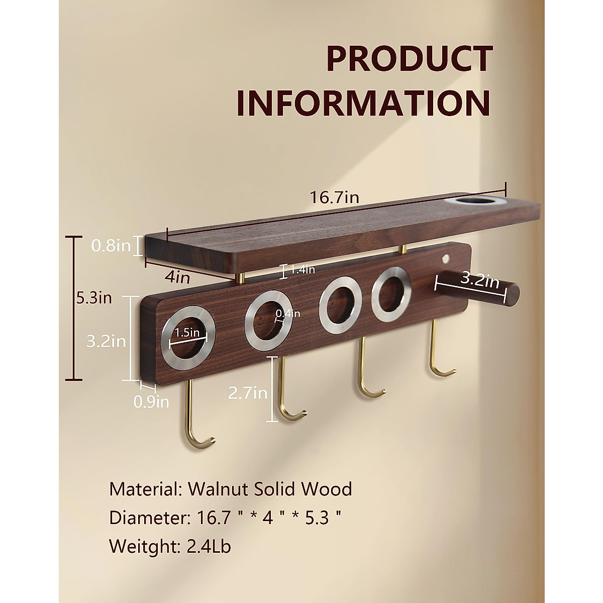 Affogato Walnut Storage Holder Compatible with Dyson Supersonic Hair Dryer and Attachments, Wall Mount Holder with Shelf Organizer for Bathroom Bedroom, Walnut Wood