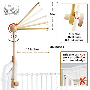 Sorrel + Fern Wooden Baby Crib Mobile Arm, 3D 360° Adjustable - Baby Mobile Holder Arm (31 inch, 100% Natural Beech Wood) - Strong Anti Slip Attachment - Nursery Décor