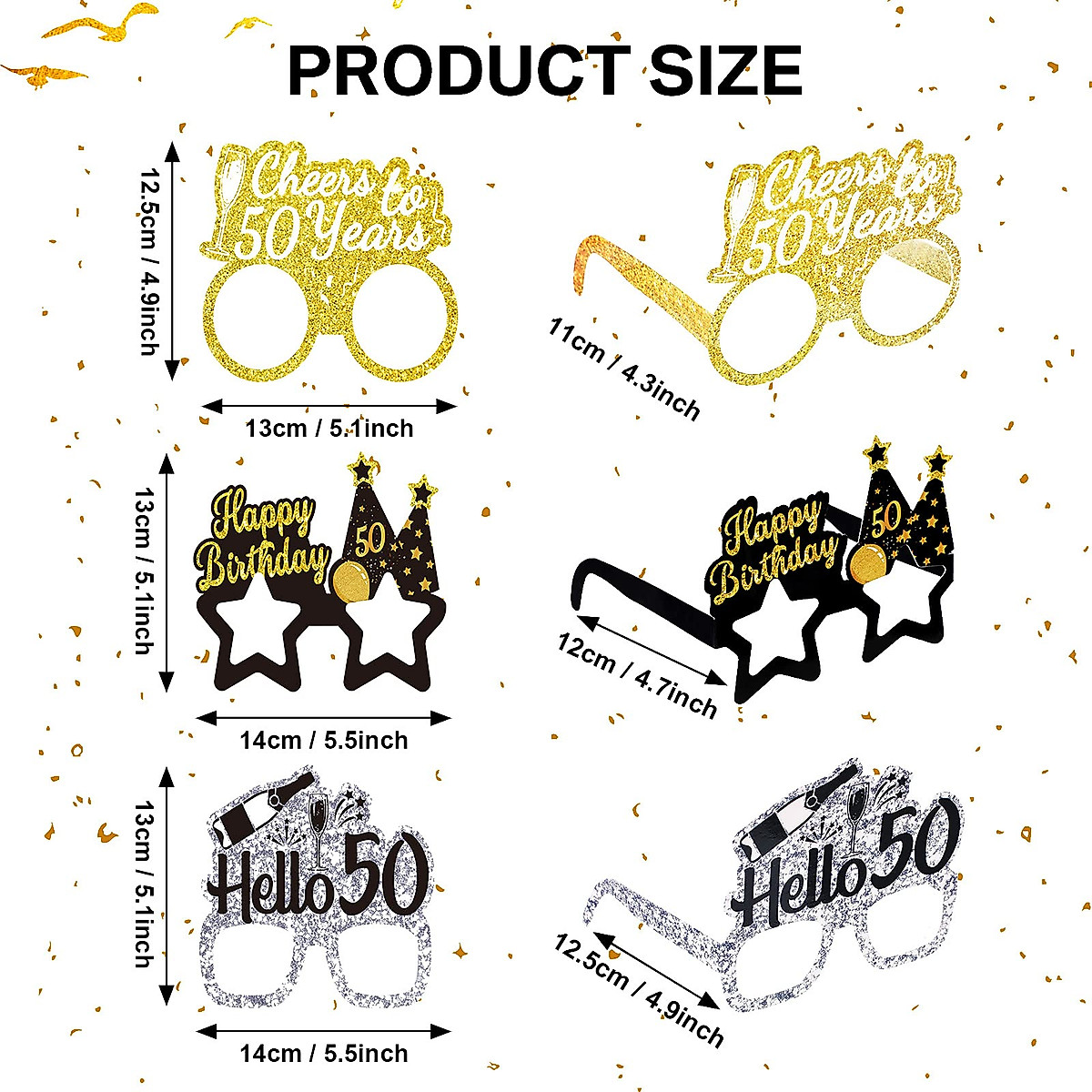 Threan 36 Pcs 40th 50th 60th Birthday Party Paper Eyeglasses Decoration, Birthday Eyeglasses Photo Props Decor for Men Women(50th)