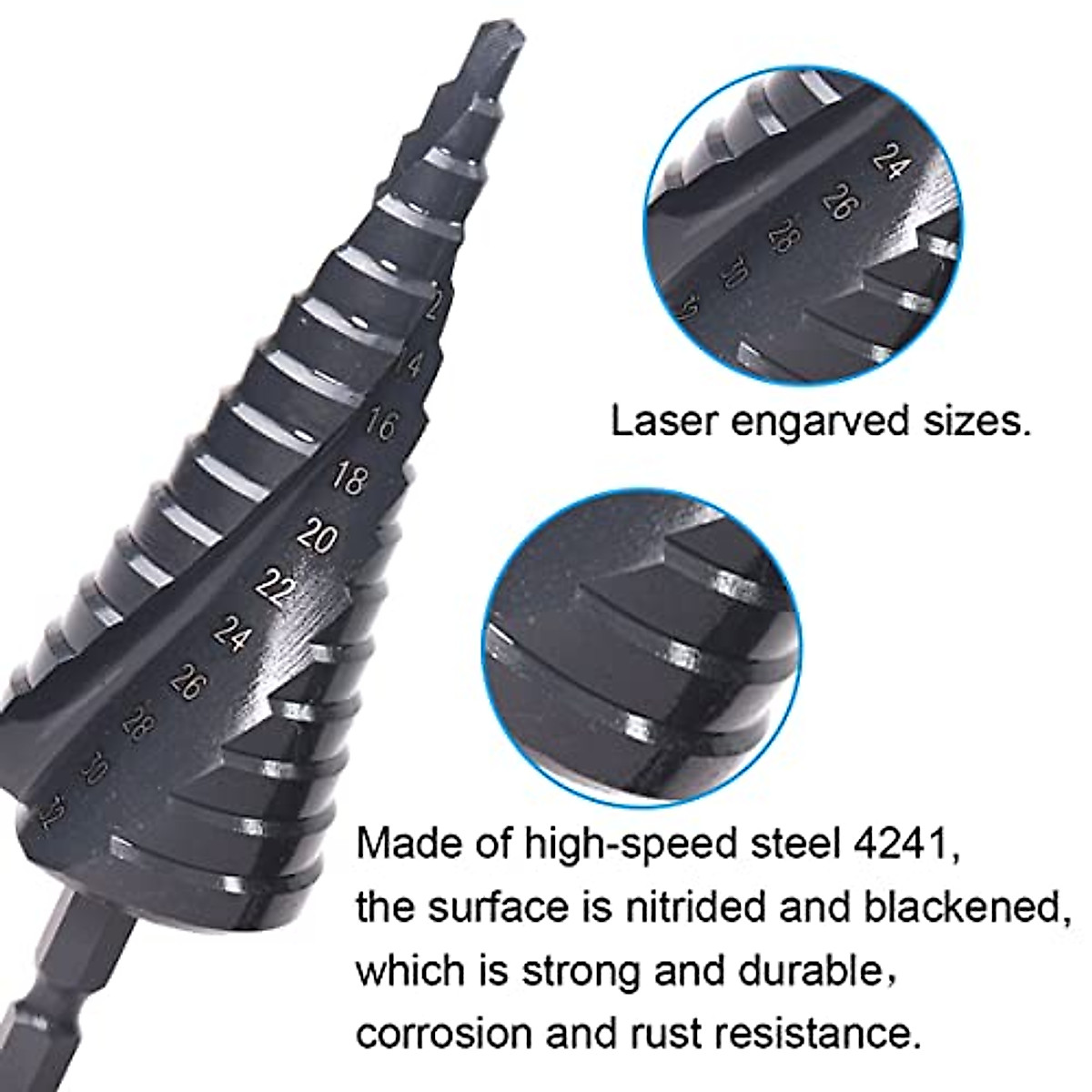 LWCUSNJ 4 Piece Step Drill Bit Set and Automatic Center Punch, HSS Nitriding Black Spiral Fluted Drill Bits for Hardened Metal, Stainless Steel, Wood, Plastic,6mm Hex Shank,Sizes 4-12mm/4-20mm/4-32mm