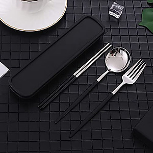 AXIAOLU Travel Utensils, Stainless Steel 4pcs Cutlery Set Portable Camp Reusable Flatware Silverware, Include Fork Spoon Chopsticks with Case (Black)