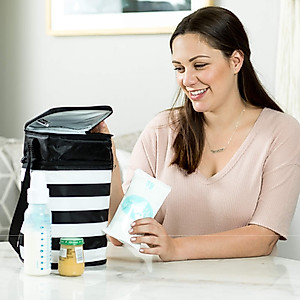 J.L. Childress 6 Bottle Cooler, Insulated Breastmilk Cooler and Lunch Bag for Baby Food and Bottles, Leak-Proof and Heat-Sealed, Ice Pack Included, Black Stripe