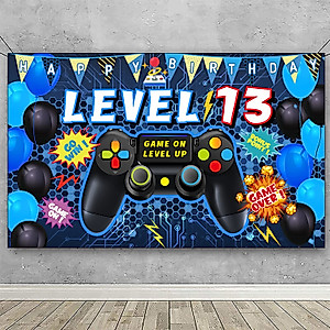 Vlipoeasn 90PCS 13th Birthday Video Game Party Decorations for Boys Set Blue 13th Birthday Supplies -13th Video Game Backdrop, Balloons, Tablecloth, Gamer and 13 Foil Balloons for 13 Years Old