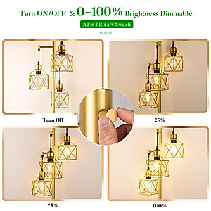 Decorative Gold Floor Lamp,3-Light Farmhouse Floor Lamps for Living Room with Smooth Dimmable ( Adjust Brightness Nightlight ), Modern Style Standing Tall Lamp of Diamond Cage - Bulb Included