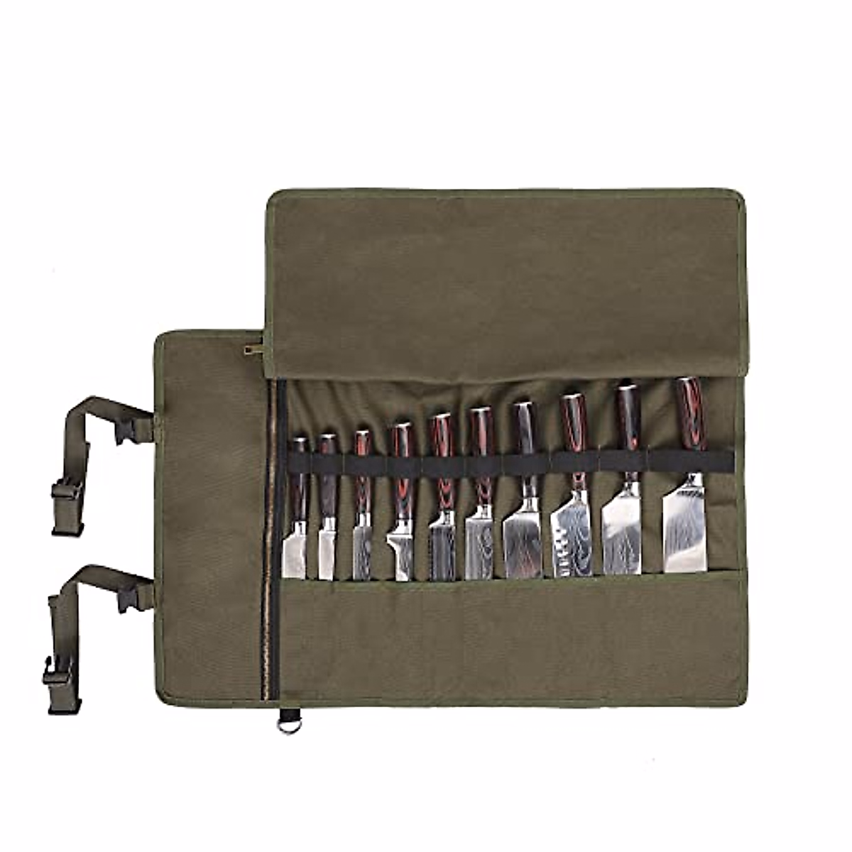 Heavy Duty 16 OZ Waxed Canvas Knife Roll Case With 11 Pockets, Easily Carried With Shoulder Strap