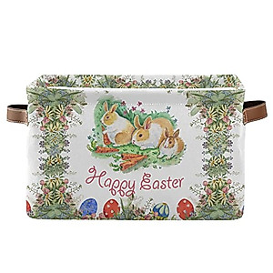 ALAZA Happy Easter Bunny Rabbit Egg Floral Foldable Storage Box Storage Basket Organizer Bins with Handles for Shelf Closet Living Room Bedroom Home Office 2 Pack