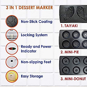 Mini-Donuts Maker, Mini-Pie and Quiche Maker, Taiyaki Maker – NEW 3 in 1 Three Slices Detachable Dessert Maker by StarBlue – White AC 110-120V 50/60Hz 700-800W