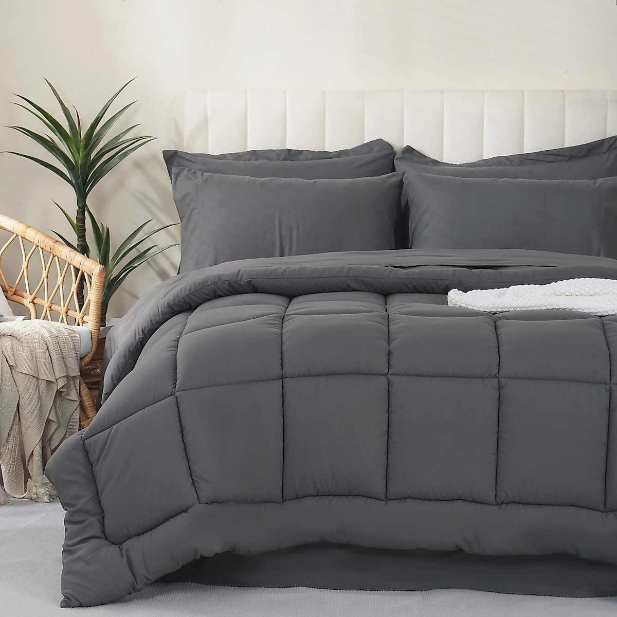 DOWNCOOL Full Size Comforter Sets, 7Pcs Full Size Bedding Sets Grey, All Season Down Alternative Bedding Comforter Sets with Comforter, Flat Sheet, Fitted Sheet, 2 Pillow Shams & 2 Pillowcases
