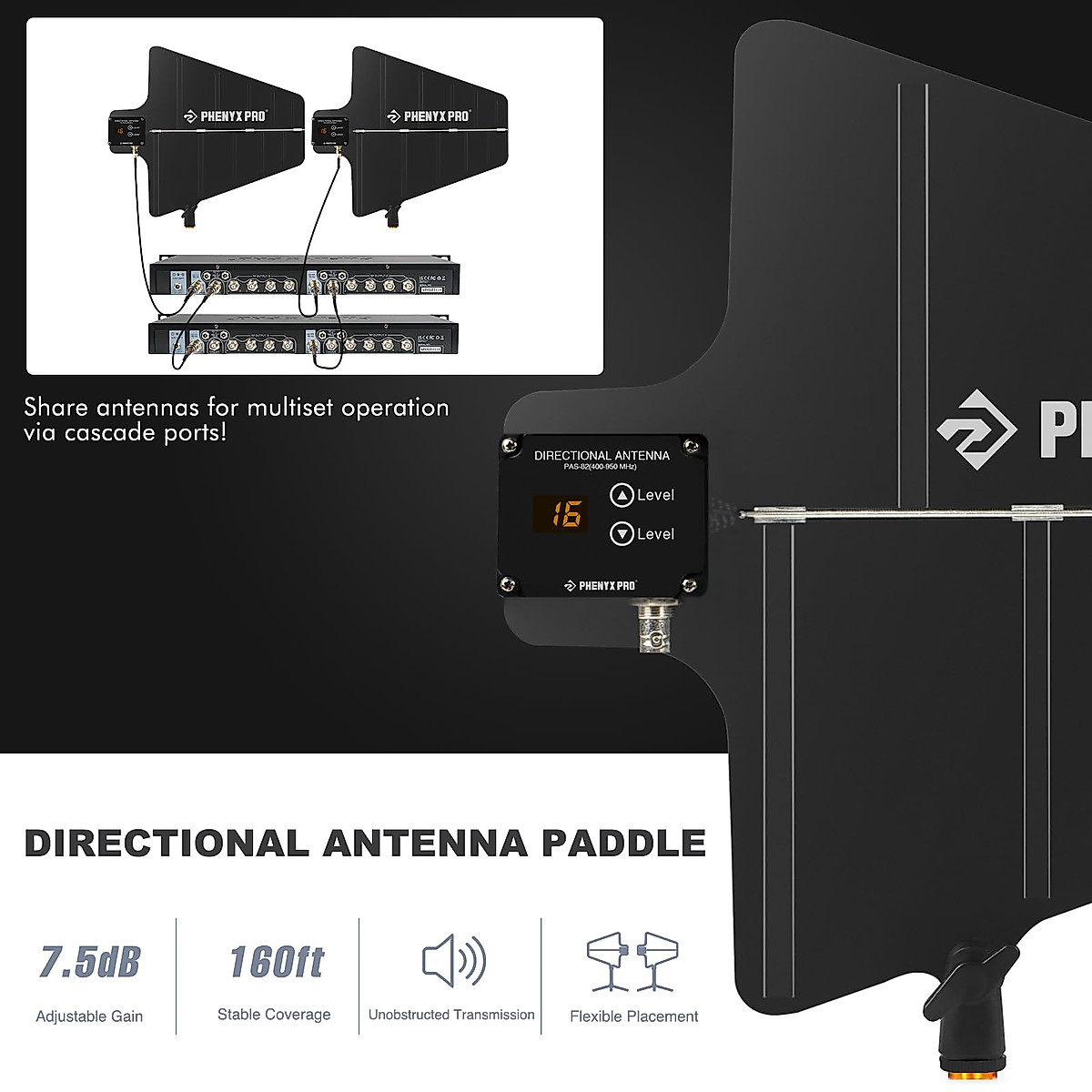 Phenyx Pro PAS-225X UHF Wireless Antenna Distribution System Bundle, Active Directional Antennas, 8 Outputs + 2 Cascade Ports, 160ft Long Coverage, for Stages and Live Shows
