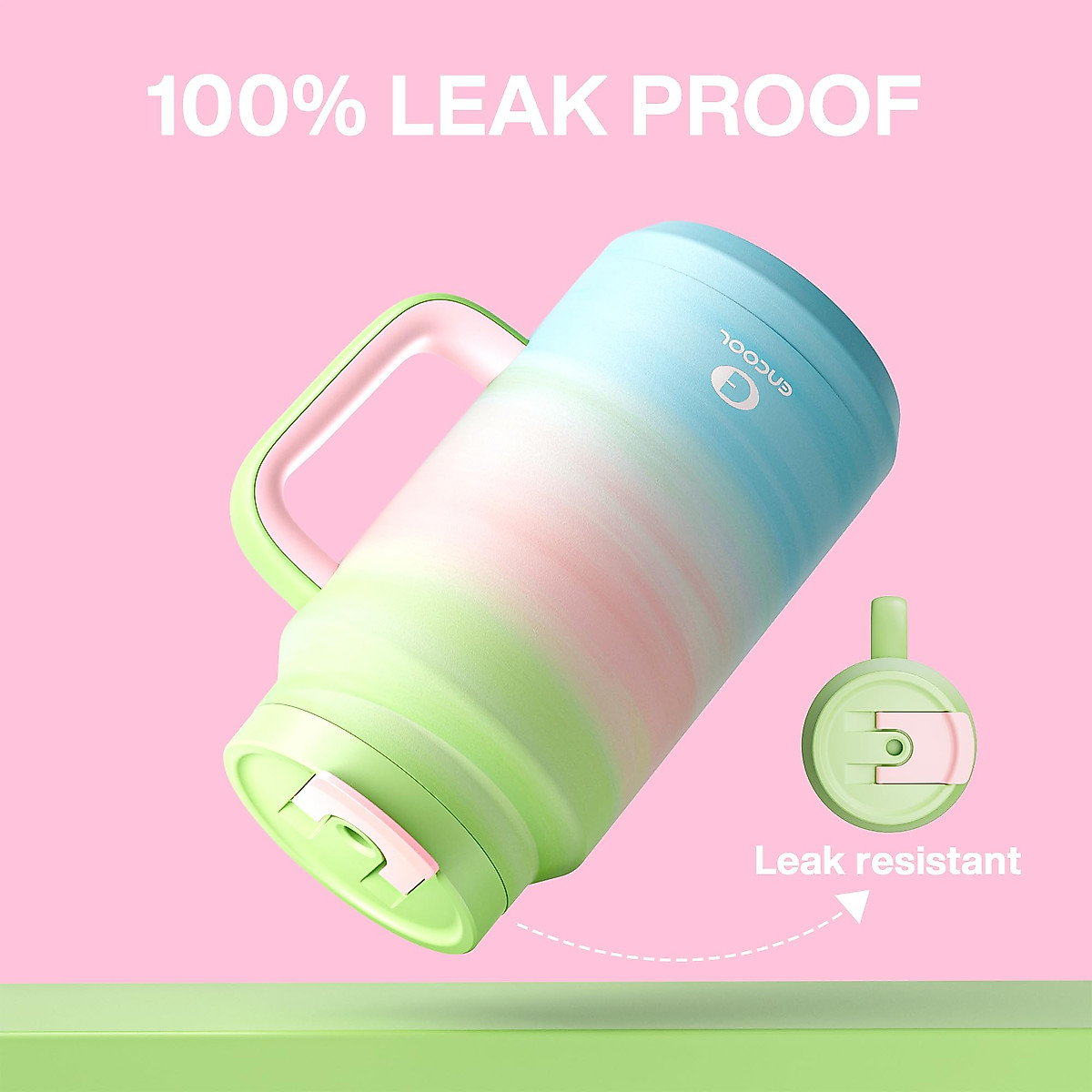 ENCOOL 50 oz Tumbler with Handle and Straw, 100% Leak-Proof Insulated Cup Large Water Bottle with 2-in-1 Lid, Reusable Stainless Steel Travel Mug Water Jug, Non-slip Base, BPA-Free （Fairy）
