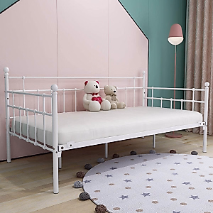 HOMERECOMMEND Metal Daybed Frame Steel Slats Platform Base Box Spring Replacemen Bed Sofa for Living Room Guest Room (Twin, White).