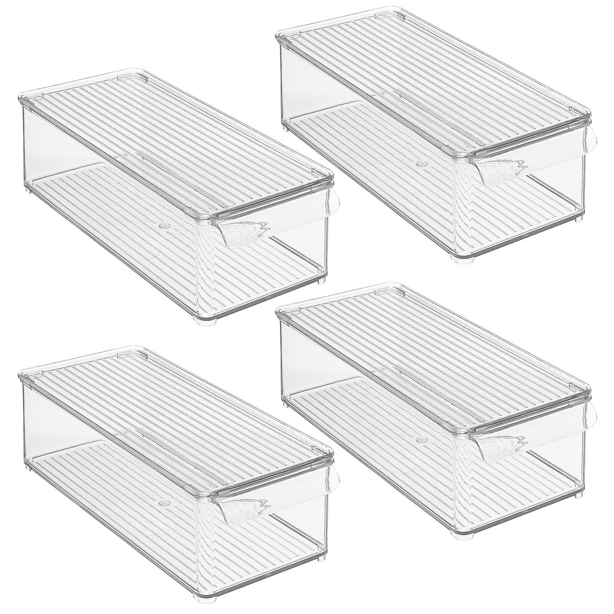 mDesign Slim Plastic Food Storage Container Bin with Lid and Front Handle for Kitchen, Pantry, Cabinet, Fridge and Freezer - Organizer for Snacks, Produce, Vegetables, Pasta, Drinks - 4 Pack, Clear