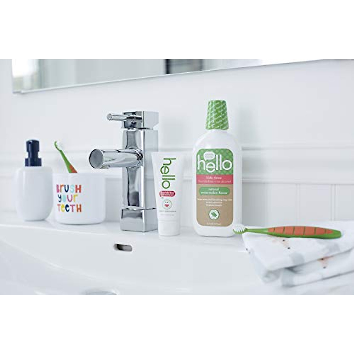 Hello Natural Watermelon Flavor Kids Fluoride Free Toothpaste and Mouthwash, Vegan, Alcohol Free, SLS Free, Gluten Free, 4.2 Ounce Toothpaste Tubes (Pack of 2), 16 Fl Oz Mouthwash Bottle