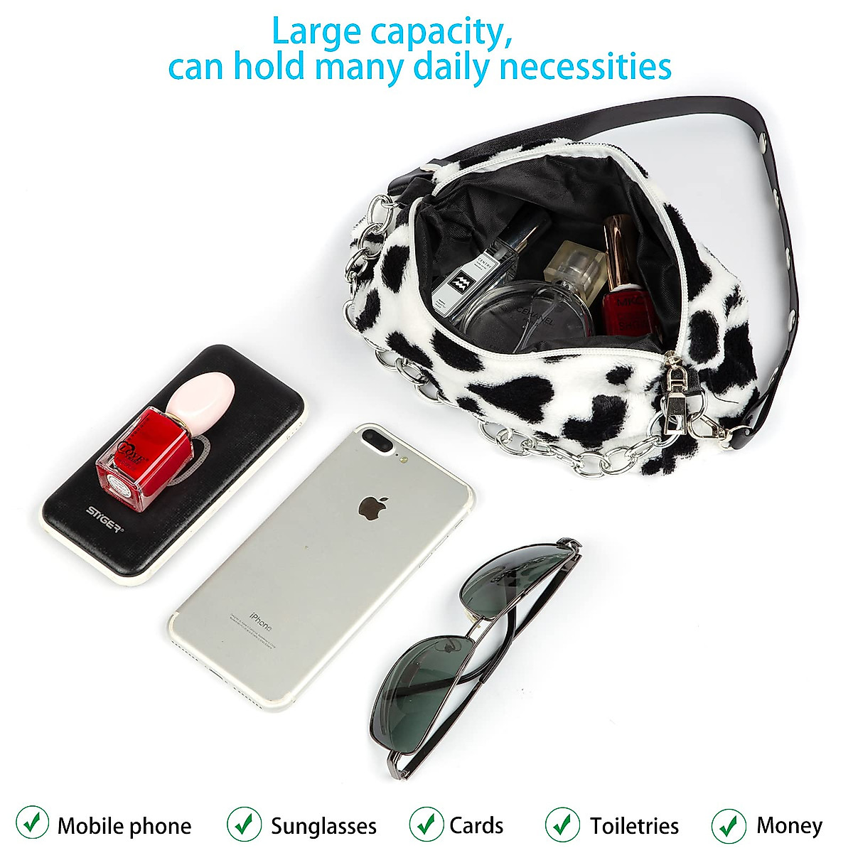 Veediyin fluffy bag cute tote bags Crossbody bags Handbag Plush Faux Fur animal print purses for women (White NN)