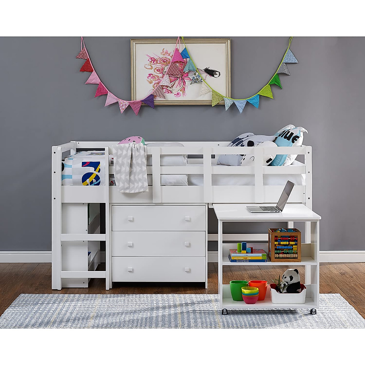 Naomi Home Twin Size Loft Bed with Storage, Desk, Cabinet Ladder, Low Study Pine Wood for Kids, Safety Guard Rails, Bookcase Shelf, White