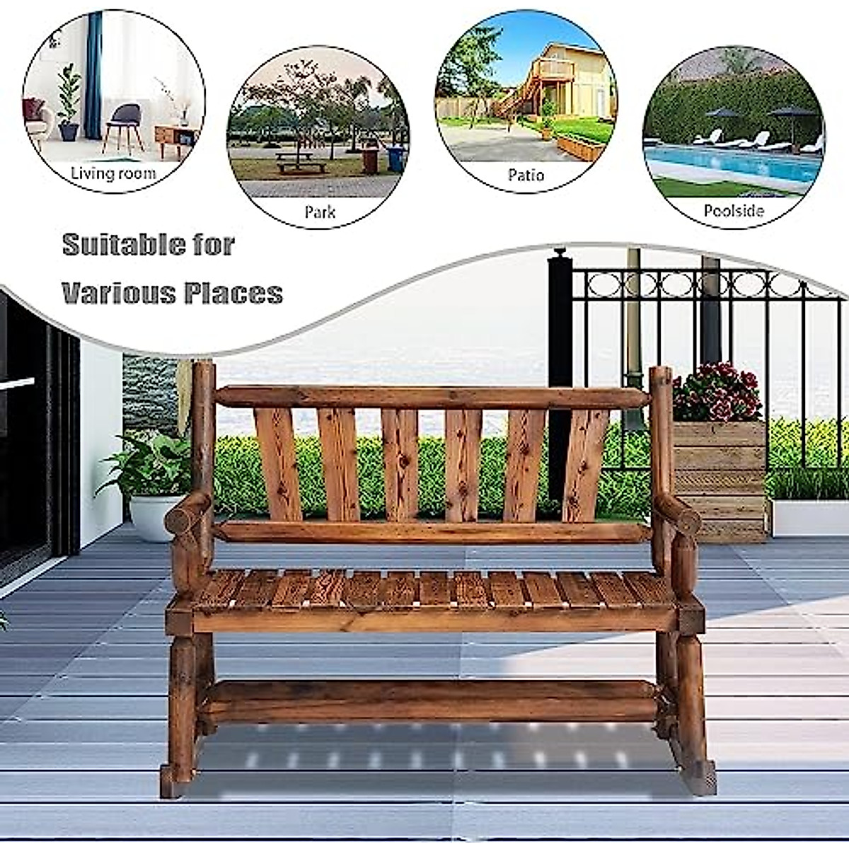 KINTNESS Outdoor Wood Double Rocking Chair - 2-Person Patio Rocker Bench for Balcony Yard Poolside