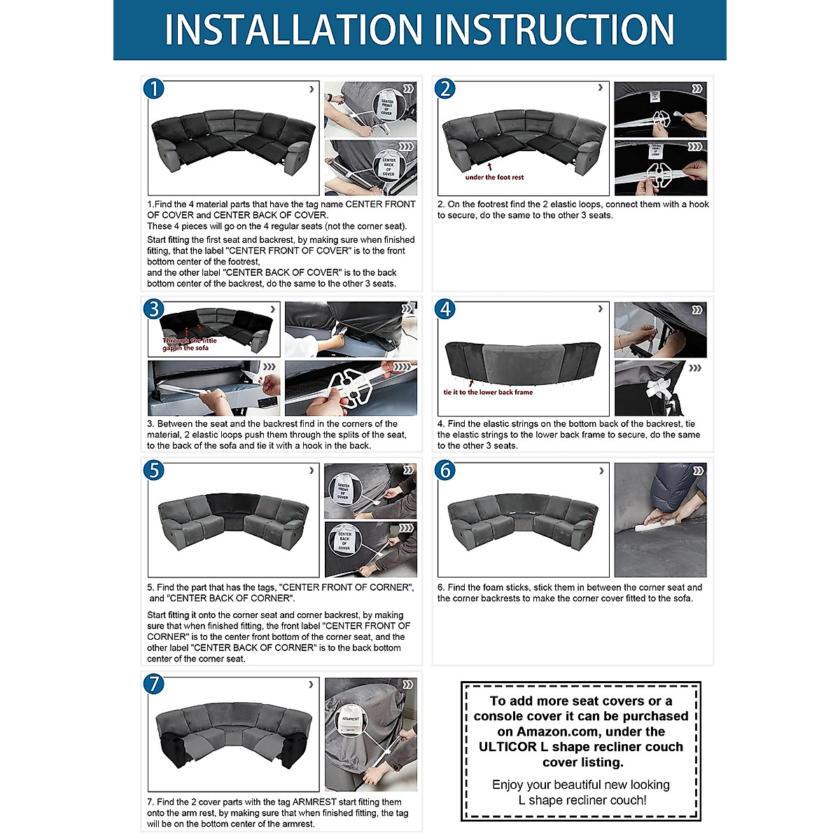 ele ELEOPTION 5 Seater Sectional Recliner Cover, 7-Pieces Recliner Sofa Covers, Corner Reclining Sofa L-Shaped Sectional Couch Slipcovers Furniture Protector Thick Soft Washable(Peacock Blue)