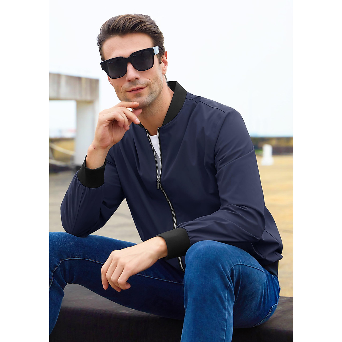 MAGCOMSEN Mens Lightweight Jackets Bomber Jacket Full Zip Light Windbreaker Casual Stylish Golf Jackets Navy 2XL