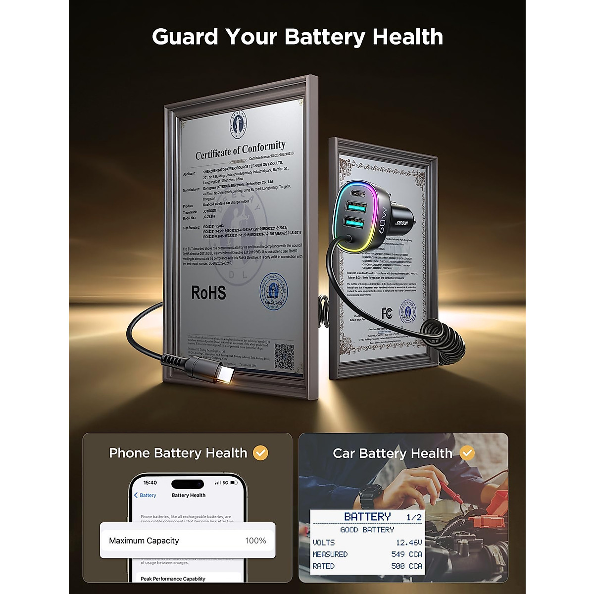 USB C Car Charger, 60W Super Fast Car Charger Adapter with 5ft 30W Type C Coiled Cable, Car Phone Charger Adapter for iPhone 15 Pro Max, Samsung Galaxy S24/S23, Google Pixel, iPad Pro…