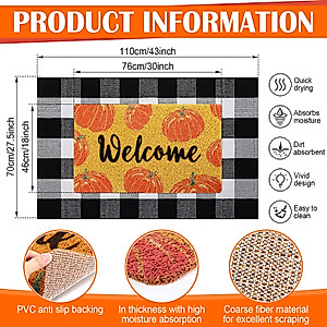 Geelin 2 Pcs Thanksgiving Day Doormat Front Door Mat Pumpkin Fall Welcome Mat Indoor Non Slip Black White Buffalo Checkered Rug Door Entrance Mat for Indoor Outdoor