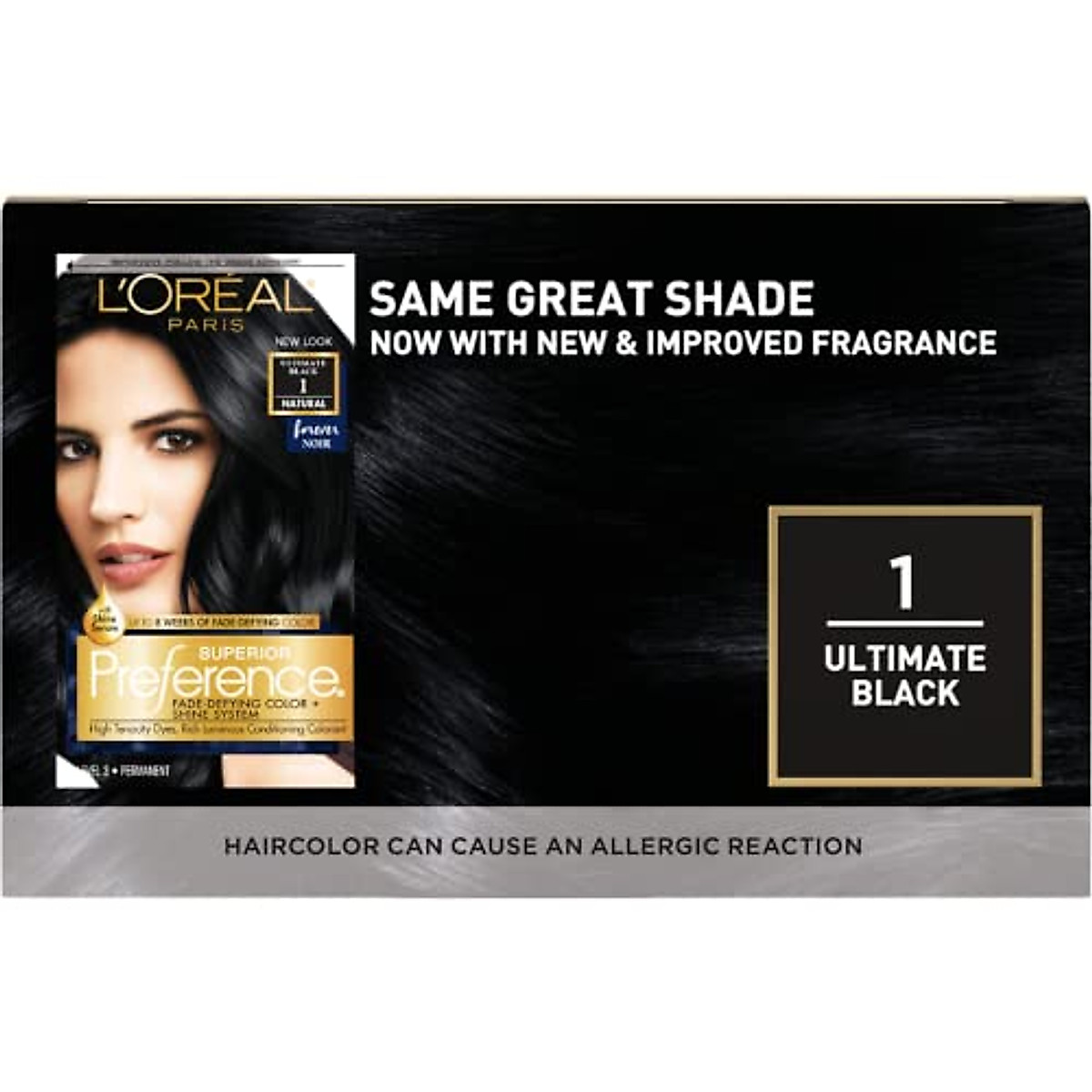 L'Oreal Paris Superior Preference Fade-Defying + Shine Permanent Hair Color, 1.0 Ultimate Black, Pack of 1, Hair Dye
