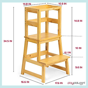 Play Platoon Toddler Kitchen Stool - Light Wood Wooden Step Stool Tower for Kids Counter Learning, Standing Tower for Kitchen Counter, 3 Heights Adjustable Solid Wood, Safe Non-Slip Mat