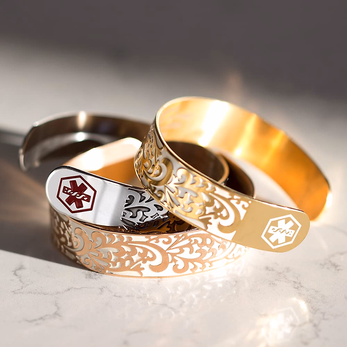 Lauren's Hope Custom Engraved Medical ID Cuff Bracelets for Women, Rose Gold, Silver and Gold (Gold Tone)
