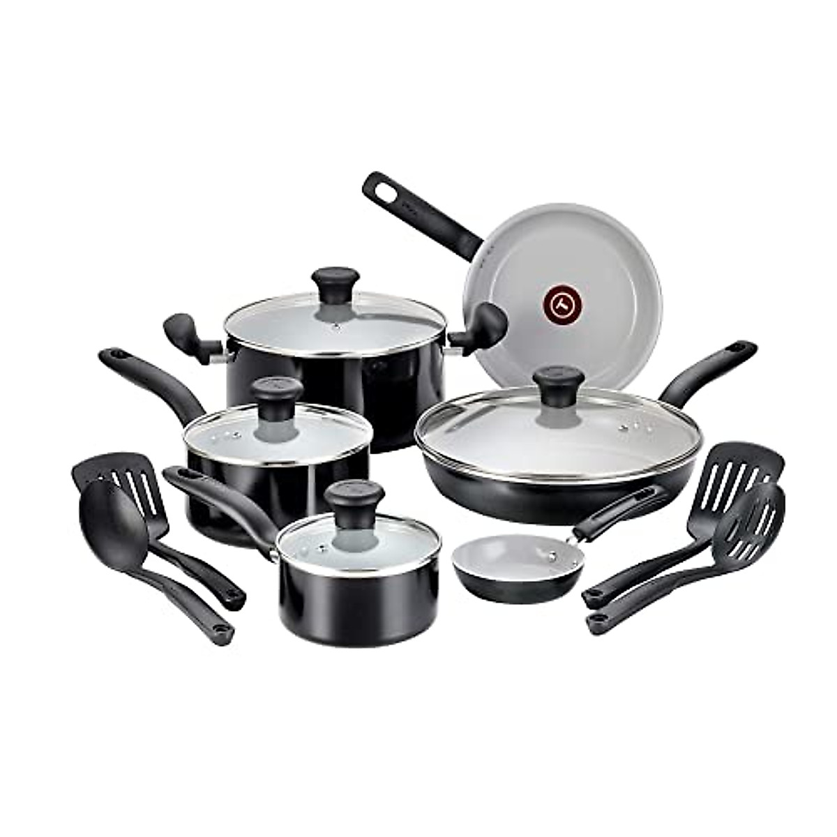 T-fal Initiatives Ceramic Non Stick Cookware Set 14 Piece, Oven Broiler Safe 350F, Kitchen Cooking Set W/ Fry Pans, Saucepans, Dutch Oven, Utensils, Healthy Cooking, Pots and Pans, Home, Black