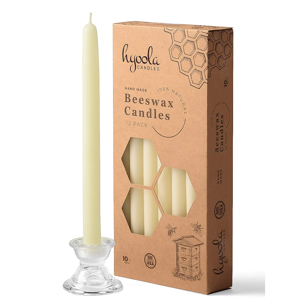 Hyoola 10" Beeswax Taper Candles 12 Pack - Handmade, All Natural, 100% Pure Unscented Bee Wax Candle - Tall, Decorative, White - 10 Hour Burn Time